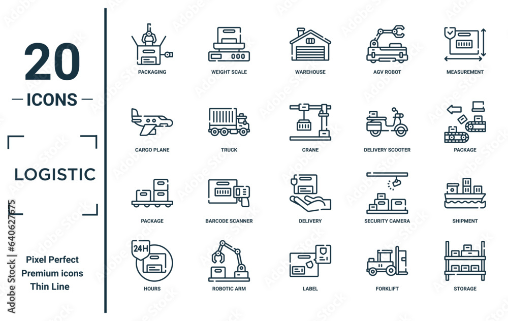 Vetor de logistic linear icon set. includes thin line packaging, cargo ...