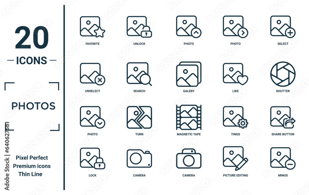 photos linear icon set. includes thin line favorite, unselect, photo ...