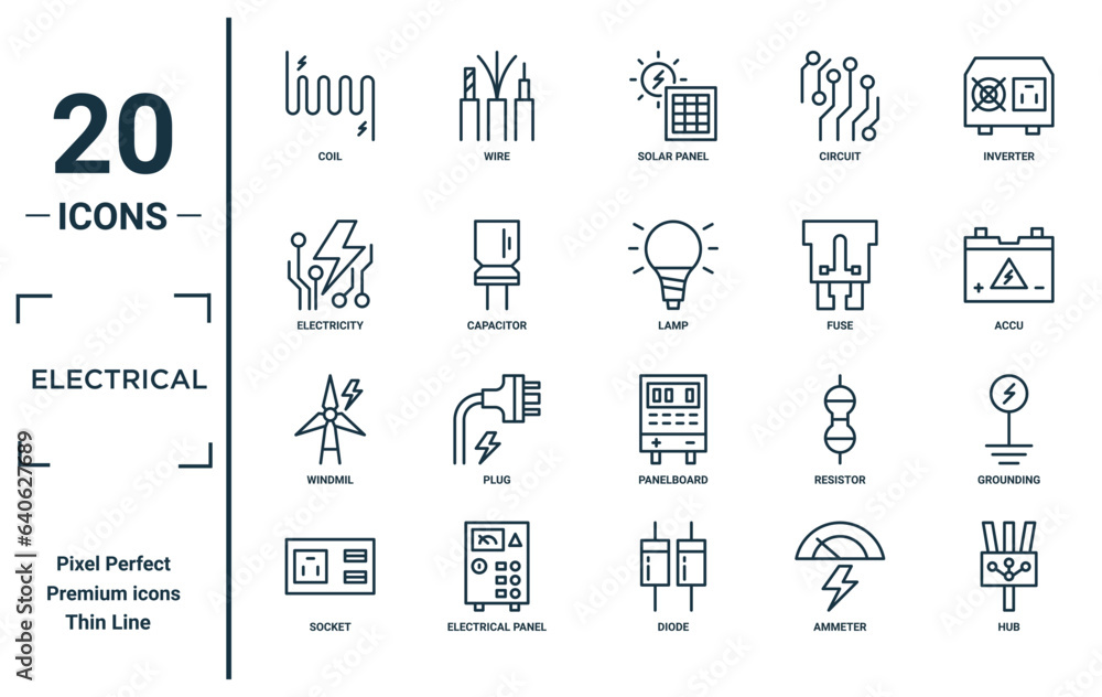 Vetor de electrical linear icon set. includes thin line coil ...