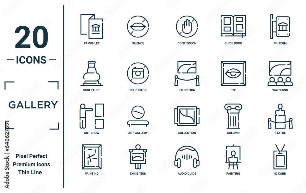 gallery linear icon set. includes thin line pamphlet, sculpture, art ...