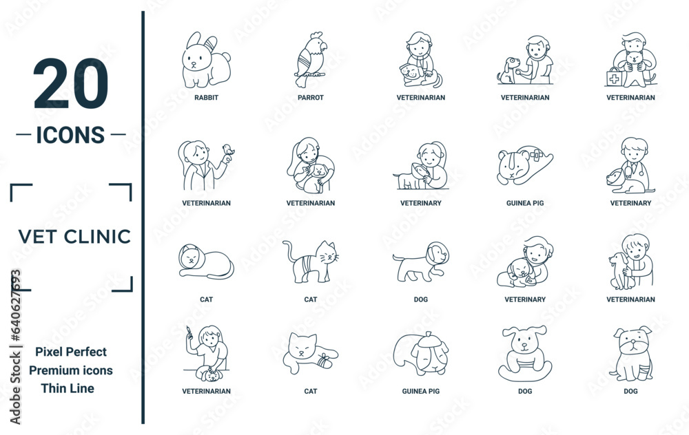 vet clinic linear icon set. includes thin line rabbit, veterinarian ...