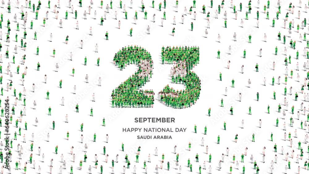 Happy National Day Saudi Arabia. A large group of people form to create ...
