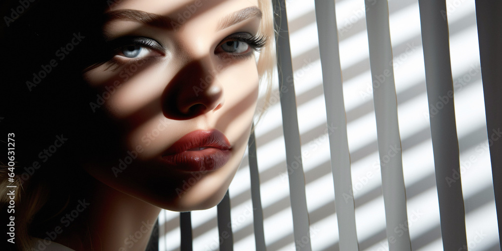 An enigmatic and intriguing portrait of a model with intricate shadows ...