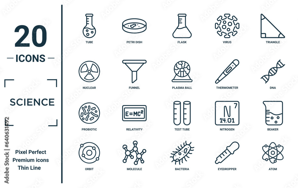 science linear icon set. includes thin line tube, nuclear, probiotic ...