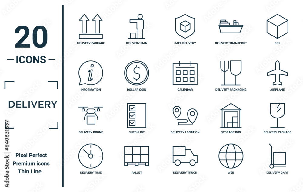 Vetor de delivery linear icon set. includes thin line delivery package ...