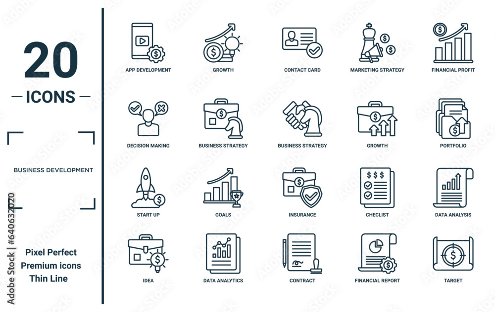 Vetor de business development linear icon set. includes thin line app development, decision ...