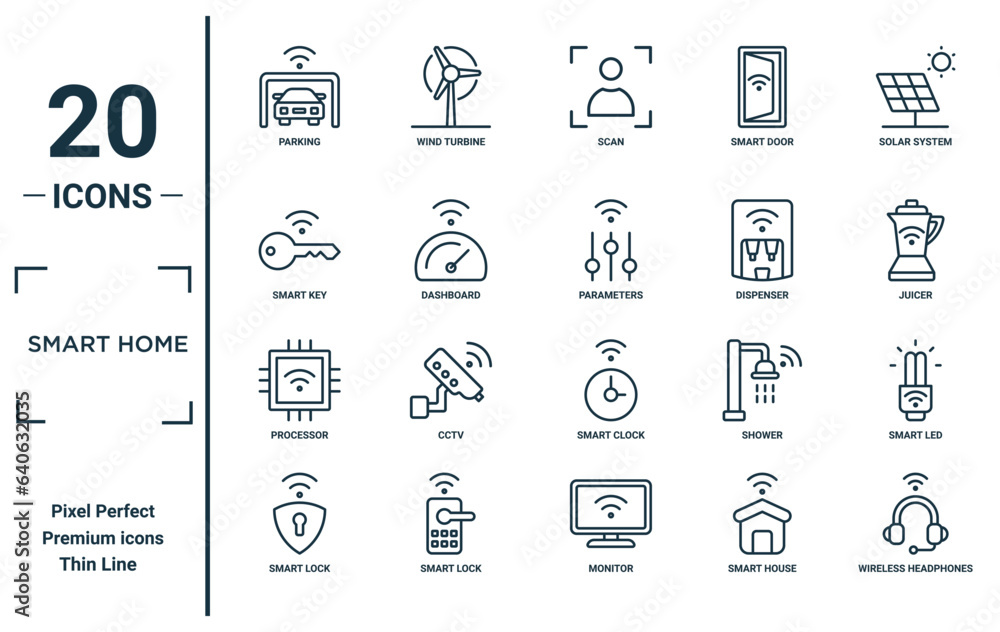smart home linear icon set. includes thin line parking, smart key ...