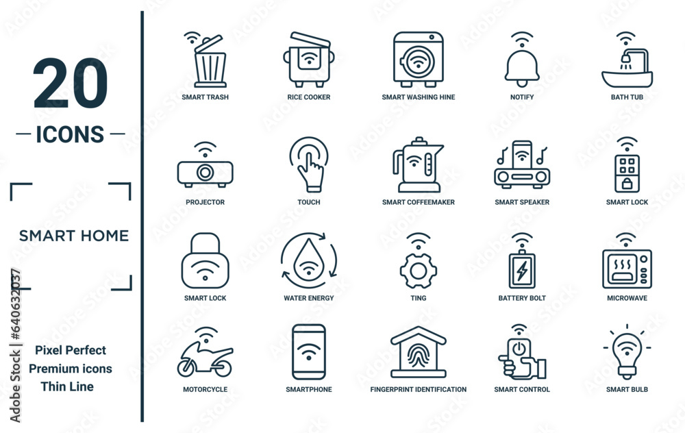 smart home linear icon set. includes thin line smart trash, projector, smart lock, motorcycle ...