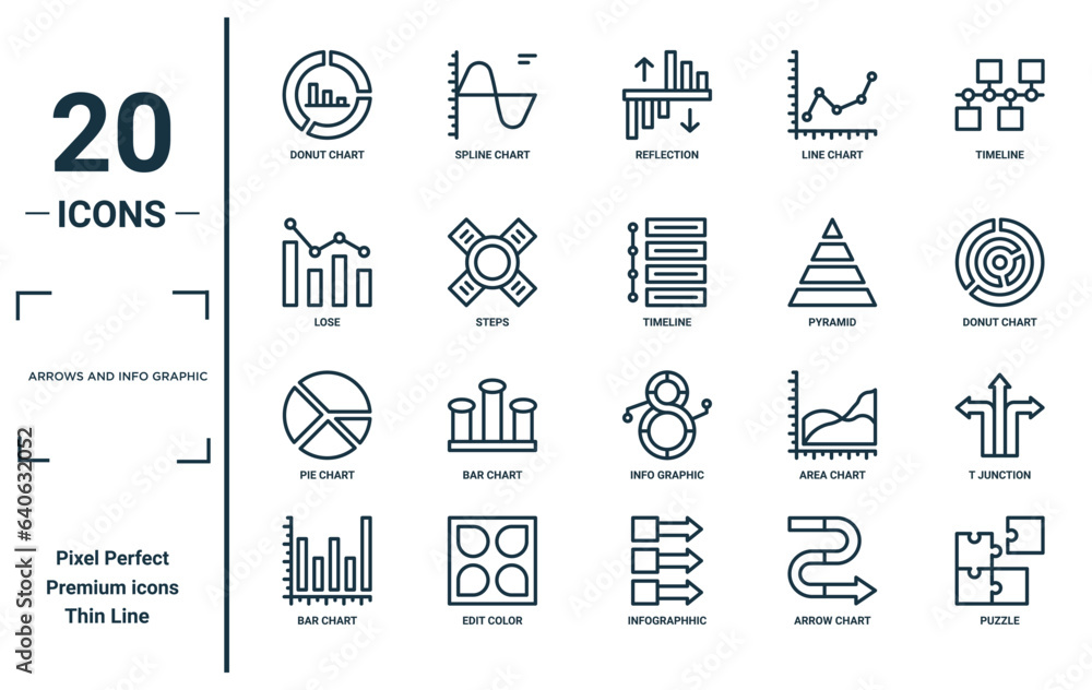 arrows and info graphic linear icon set. includes thin line donut chart ...