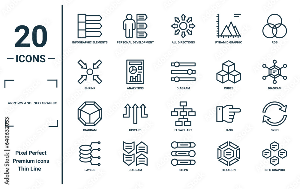 Vetor de arrows and info graphic linear icon set. includes thin line ...