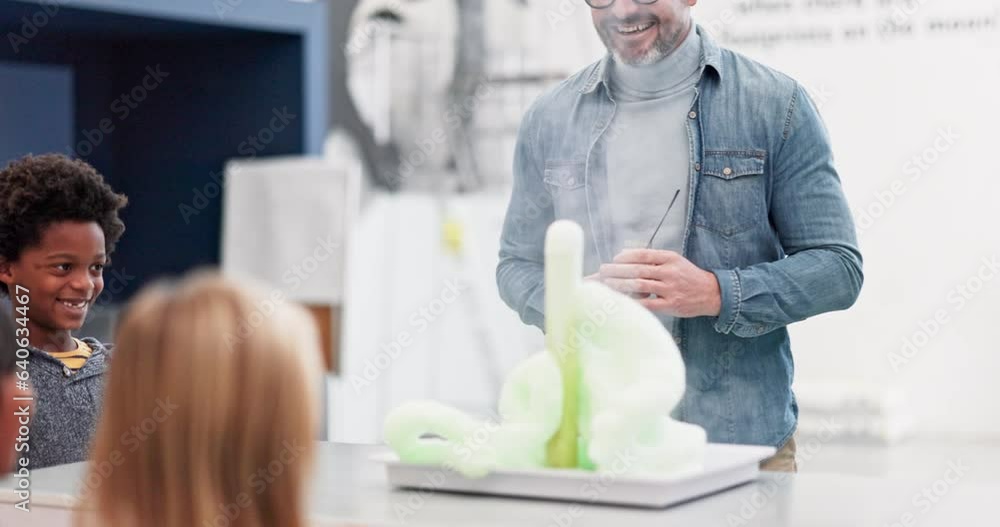 Chemistry, teacher and experiment in science classroom with excited ...