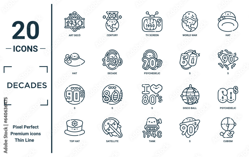 decades linear icon set. includes thin line art dec?, hat, s, top hat ...