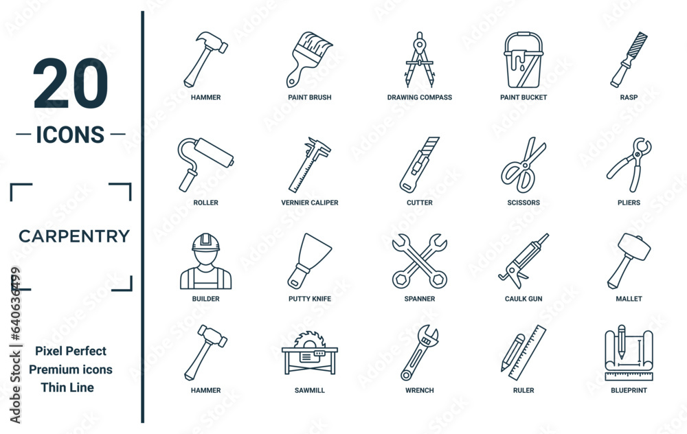 carpentry linear icon set. includes thin line hammer, roller, builder ...