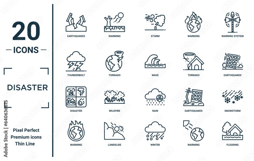 disaster linear icon set. includes thin line earthquakes, thunderbolt ...