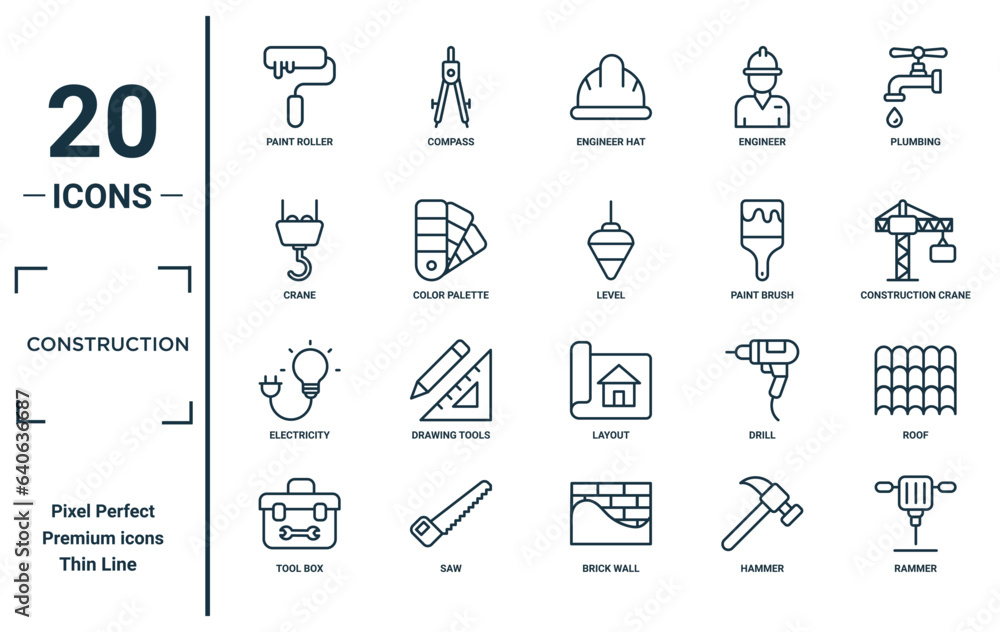 construction linear icon set. includes thin line paint roller, crane, electricity, tool box ...