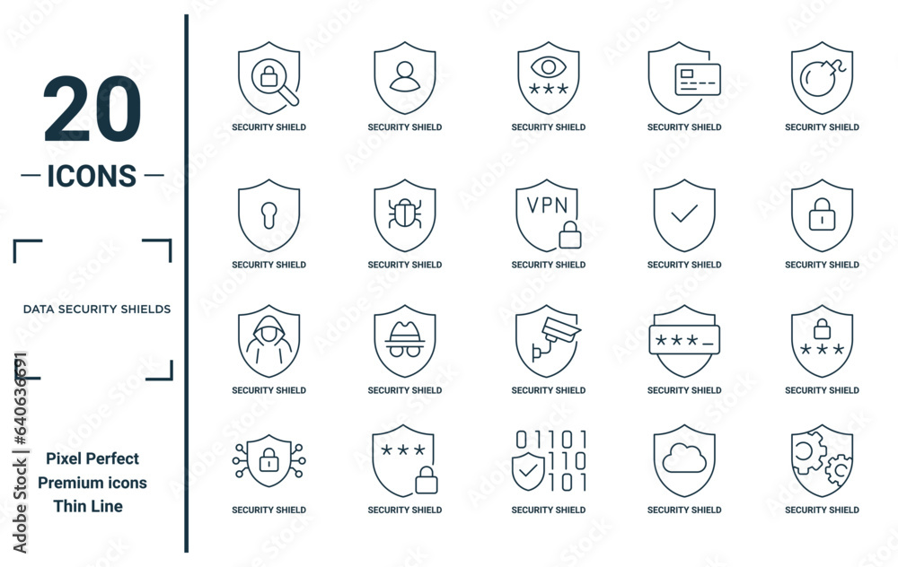 data security shields linear icon set. includes thin line security ...