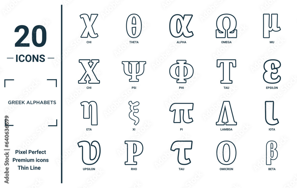 greek alphabets linear icon set. includes thin line chi, chi, eta ...