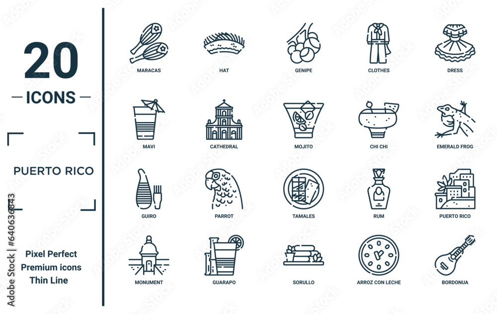 puerto rico linear icon set. includes thin line maracas, mavi, guiro ...