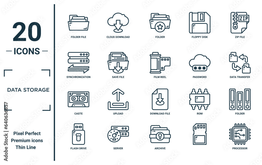 data storage linear icon set. includes thin line folder file, synchronization, caste, flash ...