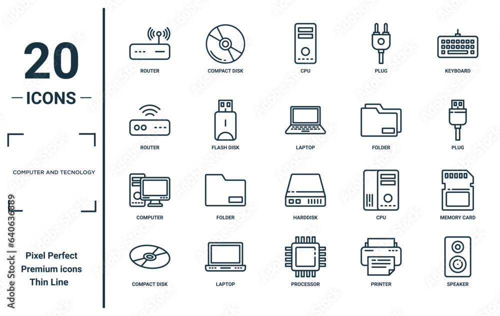 computer and tecnology linear icon set. includes thin line router ...