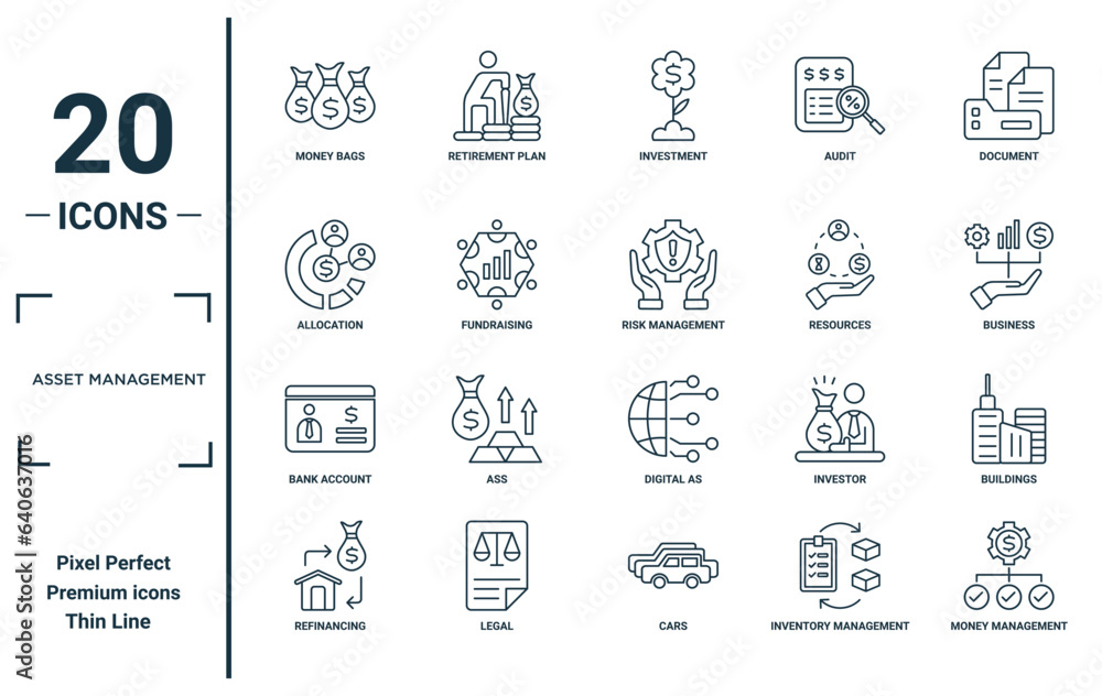 Grafika wektorowa Stock: asset management linear icon set. includes ... Grafika wektorowa Stock: asset management linear icon set. includes ...