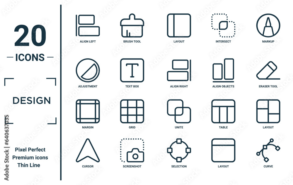 design linear icon set. includes thin line align left, adjustment, margin, cursor, curve, align ...