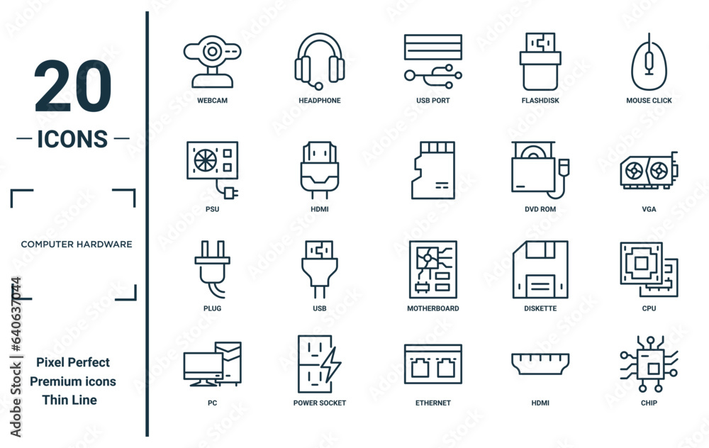 computer hardware linear icon set. includes thin line webcam, psu, plug ...