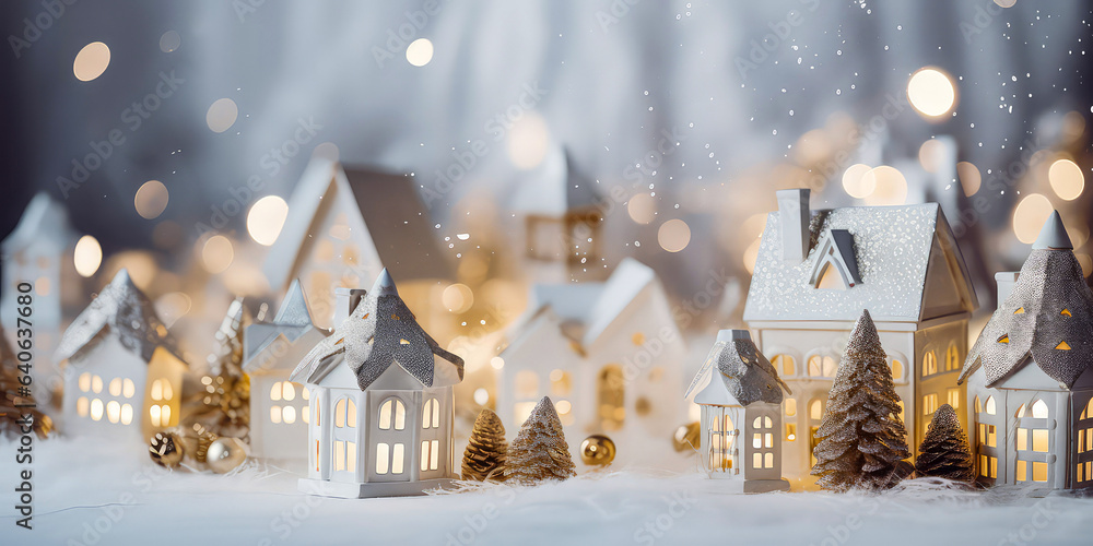 Christmas miniature scene of cozy town with festive buildings, lights ...