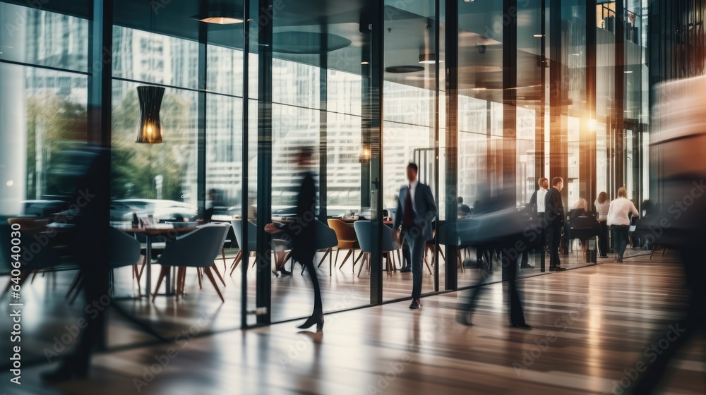 Blurred business people walk fast movement with meeting room in modern ...
