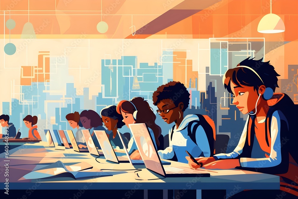 A diverse multicultural group of young students, boys and girls ...