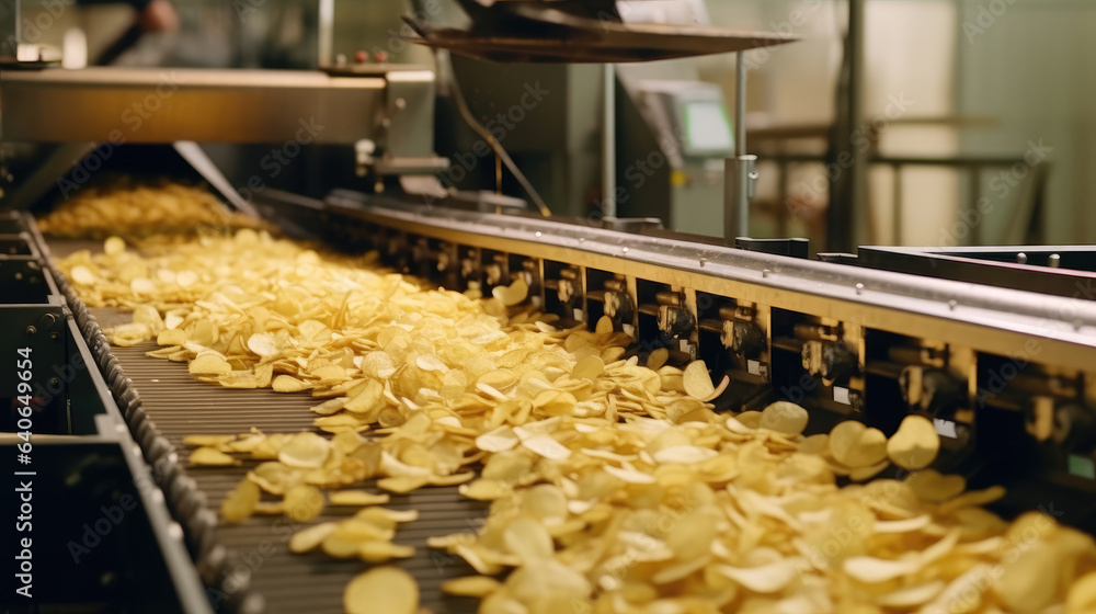 Chips on converter belt, potato chips packaging, line for the ...