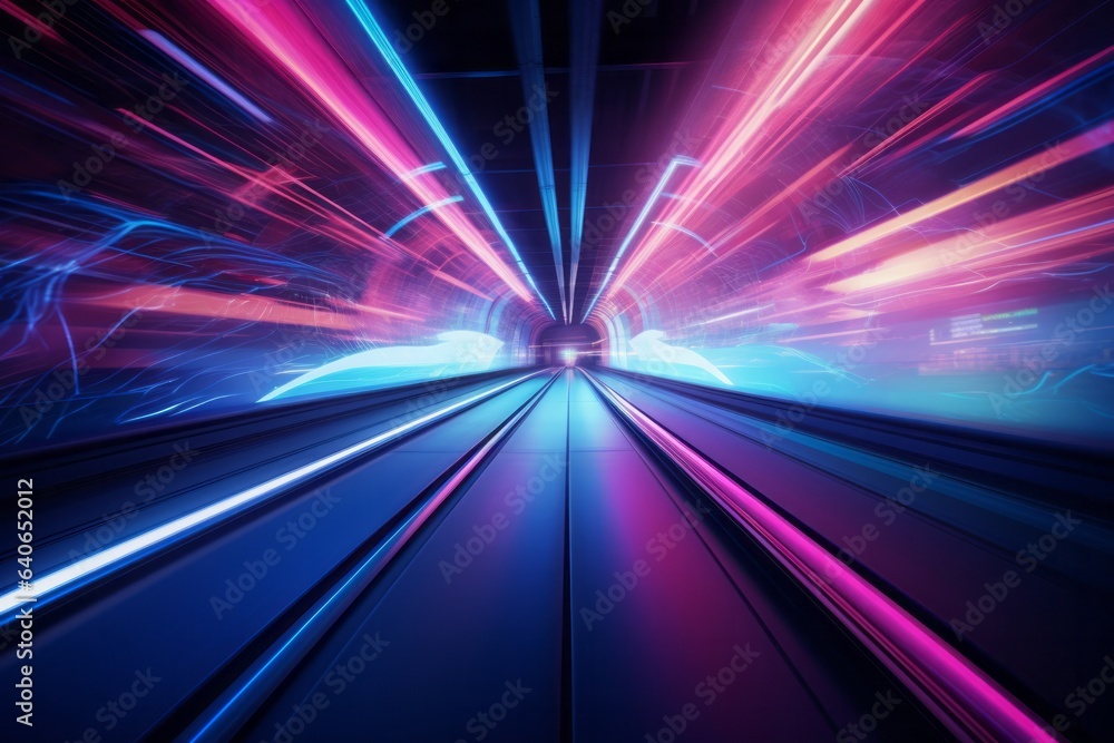 Fast underground subway train racing through the tunnels. Neon pink and ...