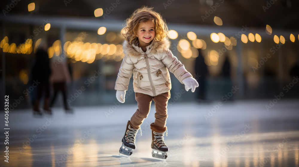 Generative AI, little girl skates on a rink in the park in winter ...