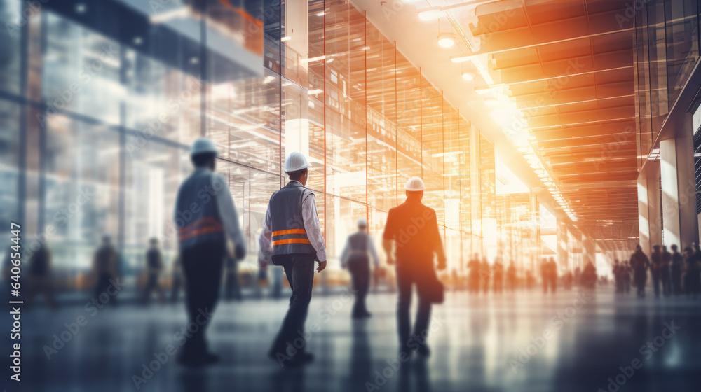 Construction engineer team crowd walking at corporate materials to ...