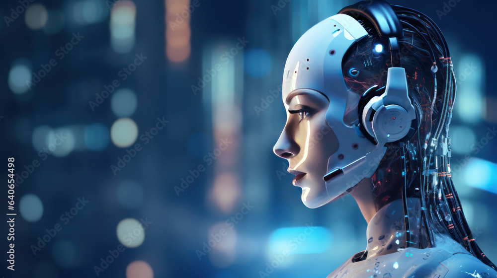 Artificial intelligence robot working at computer in office. IT team ...