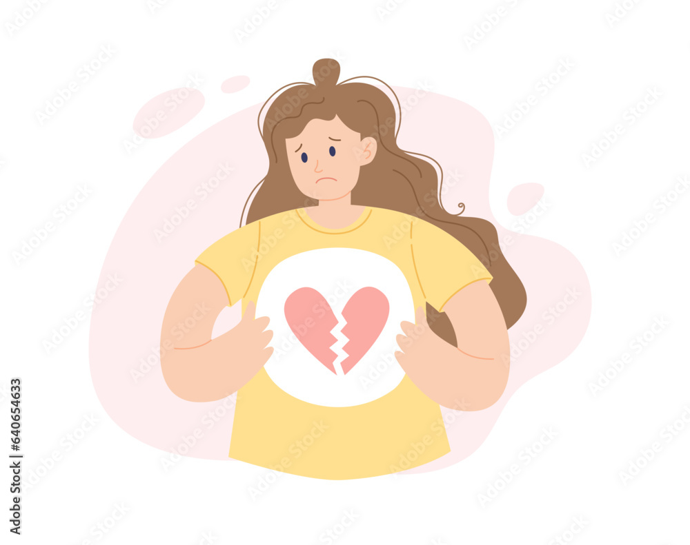 Broken heart person. A sad woman with a broken heart in her chest, flat ...