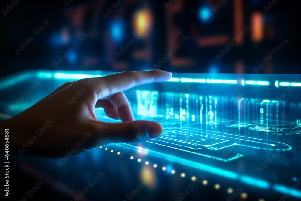 hand touching the vertical hologram panel with one finger, panel ...