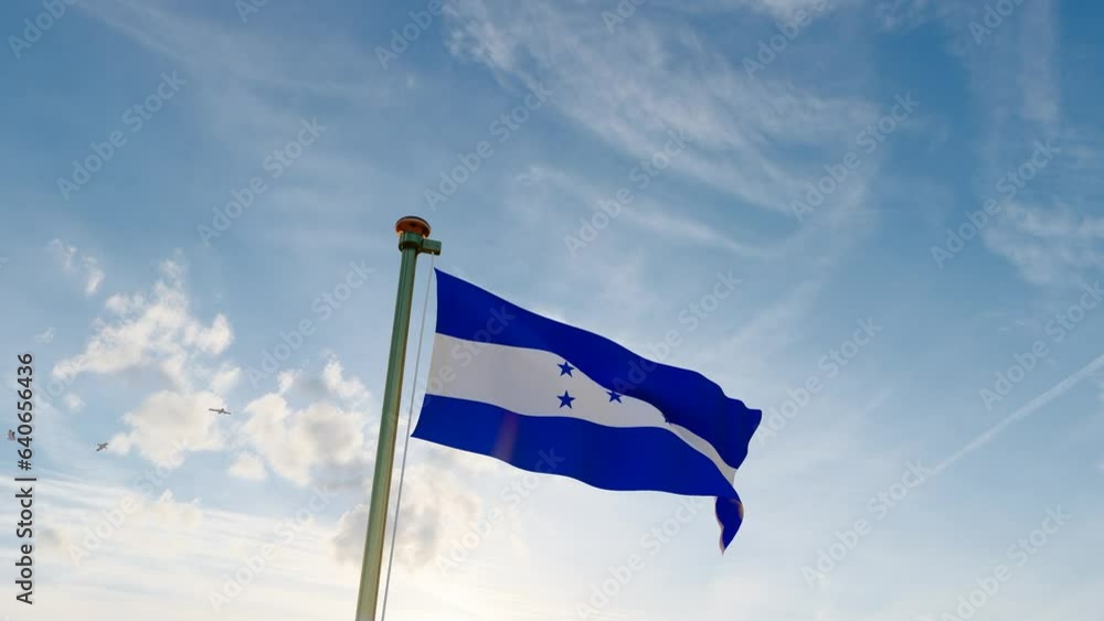 Flag of Honduras waving in the wind, sky and sun background. Honduran ...