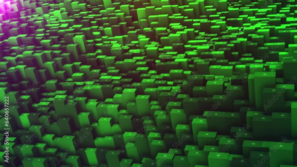3d Green Color Cube Wave Animation. Abstract Animation Of 3d Bricks Wall with bright pink light ...