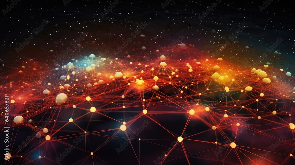 A sprawling, interconnected web of glowing nodes, with data flowing between them, representing ...