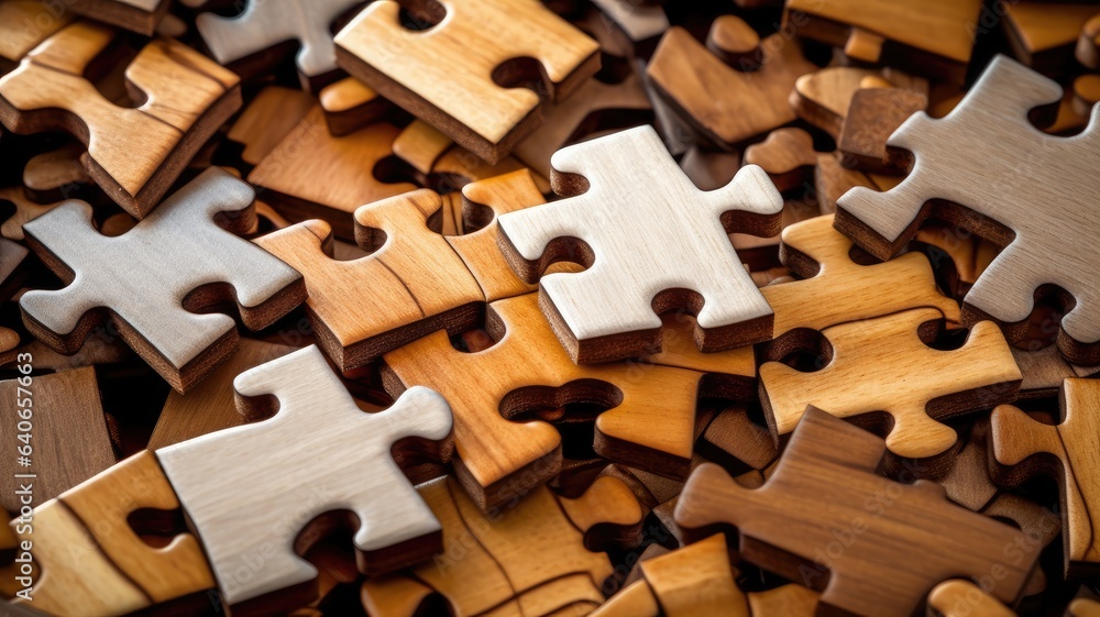 Puzzle pieces of various shapes interlocking to form a complete picture ...