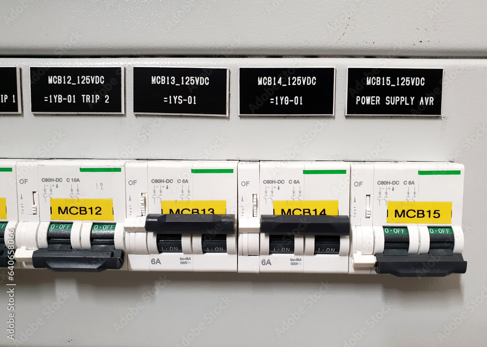 Close-up Miniature Circuit Breaker (MCB): Main of AC and DC control ...