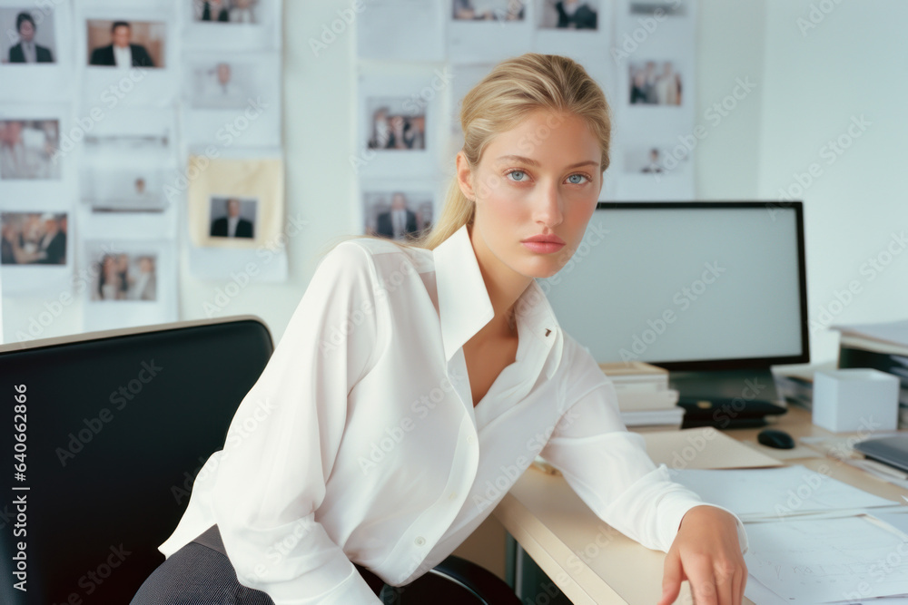 woman/model/ceo in an office remote work setting with paper and tasks ...