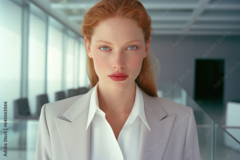 woman/model/ceo in an office remote work setting with paper and tasks ...