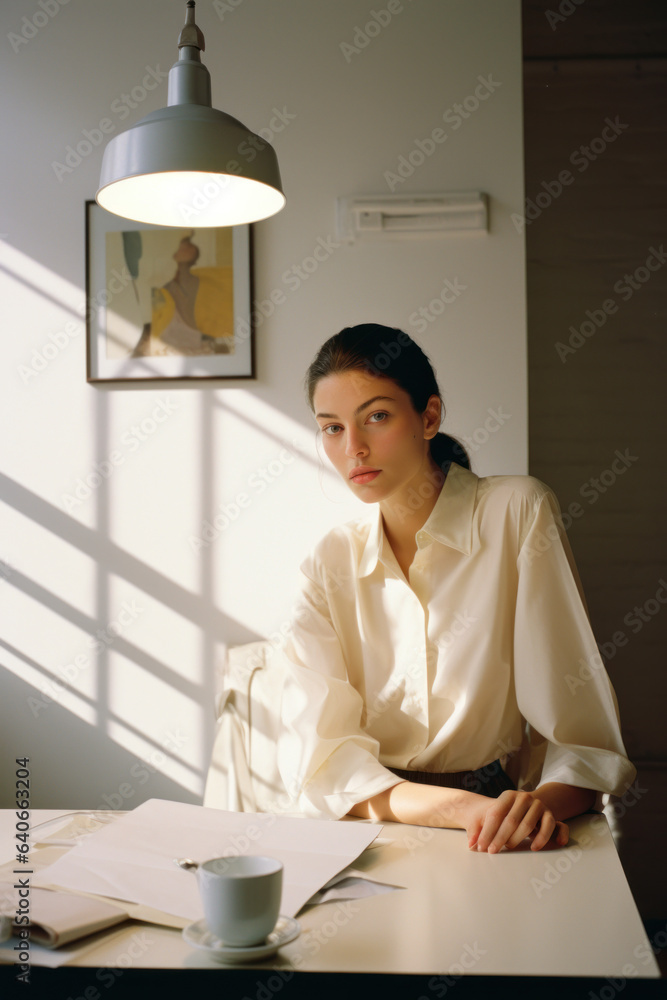 woman/model/ceo in an office remote work setting with paper and tasks ...