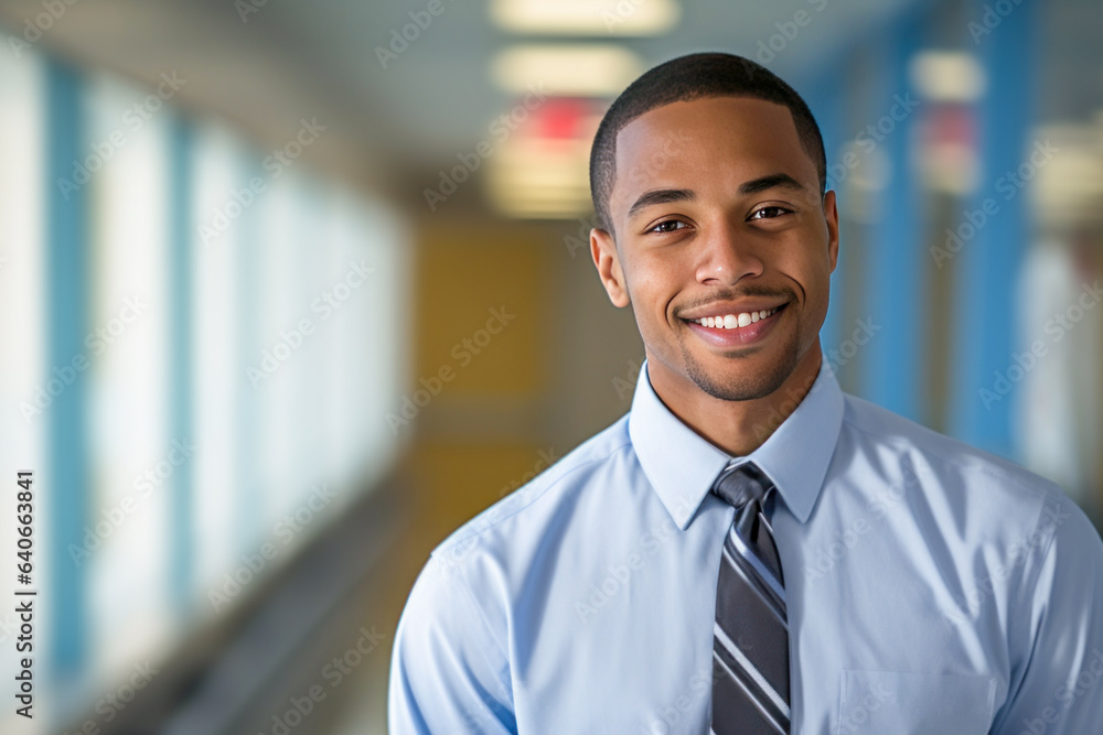 Smiling 30 year old teacher in shirt and tie posing in a school ...