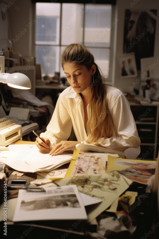 woman/model/ceo in an office remote work setting with paper and tasks ...