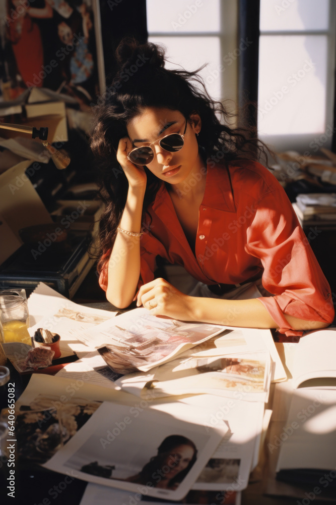 woman/model/ceo in an office remote work setting with paper and tasks ...