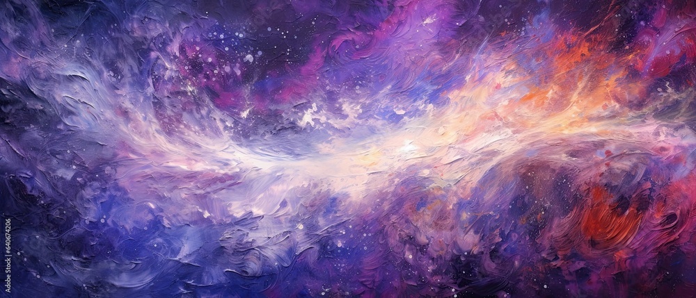 Cosmic eruptions of violet, deep blue, and silver sparkles, painting an ...