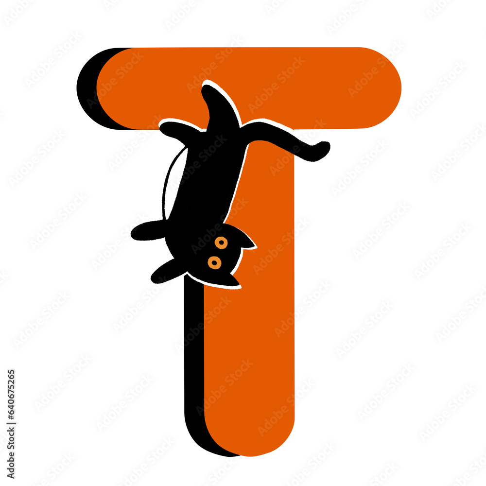 Capital Letter T,Orange Alphabet Clipart with Black Cat,Halloween theme ...